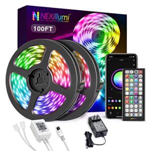 nexillumi 100ft led strip lights with ir remote ultra-long led lights for bedroom, dorm, room decor app control music sync led lights (100ft app+ remote+ mic control)