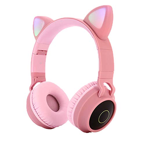 Luckyu Kids Bluetooth 5.0 Cat Ear Headphones Foldable On-Ear Stereo Wireless Headset with Mic LED Light and Volume Control Support TF Card Aux in Compatible with Smartphones PC Tablet (Pink)