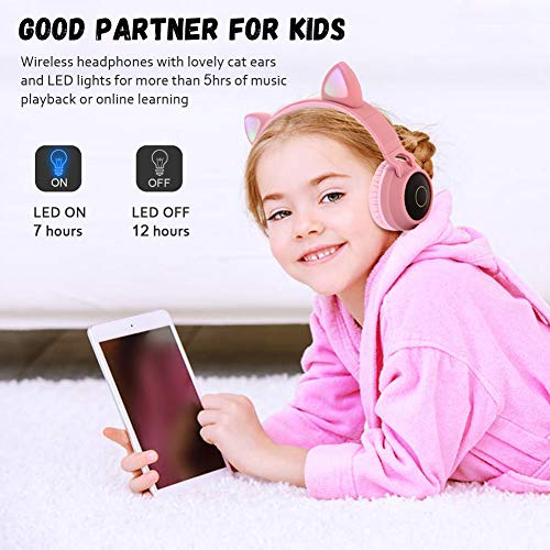 Luckyu Kids Bluetooth 5.0 Cat Ear Headphones Foldable On-Ear Stereo Wireless Headset with Mic LED Light and Volume Control Support TF Card Aux in Compatible with Smartphones PC Tablet (Pink)