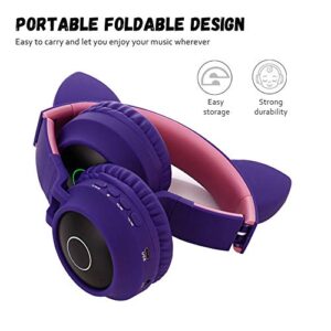 Luckyu Kids Bluetooth 5.0 Cat Ear Headphones Foldable On-Ear Stereo Wireless Headset with Mic LED Light and Volume Control Support TF Card Aux in Compatible with Smartphones PC Tablet (Pink)