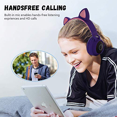 Luckyu Kids Bluetooth 5.0 Cat Ear Headphones Foldable On-Ear Stereo Wireless Headset with Mic LED Light and Volume Control Support TF Card Aux in Compatible with Smartphones PC Tablet (Pink)