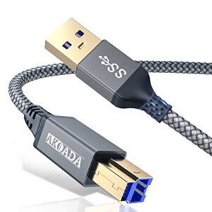 USB A to USB B 3.0 Cable (10FT), AkoaDa Durable Nylon Braided Type A to B Male Cable Compatible with Printers, Monitor, Docking Station, External Hard Drivers, Scanner, USB Hub and More Devices(Grey)