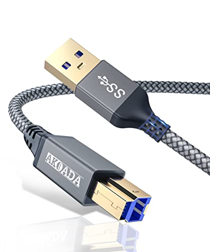 USB A to USB B 3.0 Cable (10FT), AkoaDa Durable Nylon Braided Type A to B Male Cable Compatible with Printers, Monitor, Docking Station, External Hard Drivers, Scanner, USB Hub and More Devices(Grey)