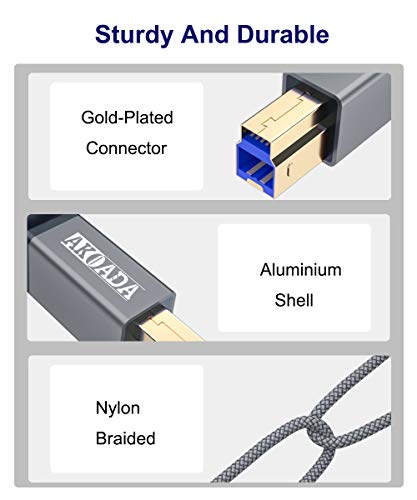 USB A to USB B 3.0 Cable (10FT), AkoaDa Durable Nylon Braided Type A to B Male Cable Compatible with Printers, Monitor, Docking Station, External Hard Drivers, Scanner, USB Hub and More Devices(Grey)