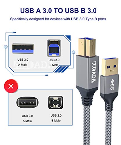 USB A to USB B 3.0 Cable (10FT), AkoaDa Durable Nylon Braided Type A to B Male Cable Compatible with Printers, Monitor, Docking Station, External Hard Drivers, Scanner, USB Hub and More Devices(Grey)