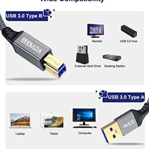 USB A to USB B 3.0 Cable (10FT), AkoaDa Durable Nylon Braided Type A to B Male Cable Compatible with Printers, Monitor, Docking Station, External Hard Drivers, Scanner, USB Hub and More Devices(Grey)