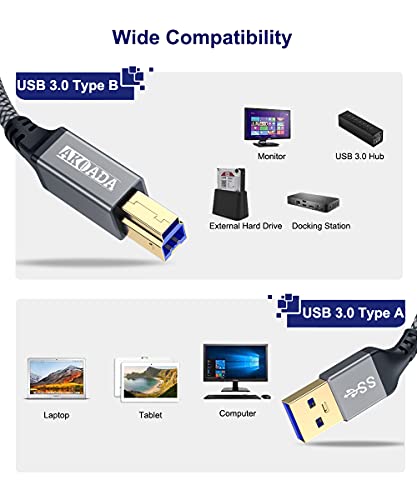 USB A to USB B 3.0 Cable (10FT), AkoaDa Durable Nylon Braided Type A to B Male Cable Compatible with Printers, Monitor, Docking Station, External Hard Drivers, Scanner, USB Hub and More Devices(Grey)