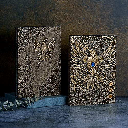 Embossed Leather Journal Writing Notebook - Antique Handmade Leather Daily Notepad Sketchbook, Travel Diary & Notebooks to Write in, Phoenix Gift For Men & Women, with Golden Classic Pen, (Bronze)