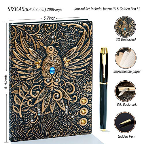 Embossed Leather Journal Writing Notebook - Antique Handmade Leather Daily Notepad Sketchbook, Travel Diary & Notebooks to Write in, Phoenix Gift For Men & Women, with Golden Classic Pen, (Bronze)