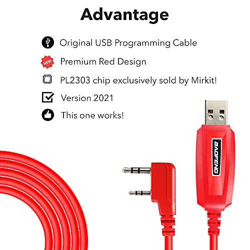 BAOFENG Programming Cable UV-5R/5RA/5R Plus/5RE, UV3R Plus, BF-888S, 5R EX, 5RX3, GA-2S, UV-82 (39 inch Mirkit Red, Version 2022, This one Works!)