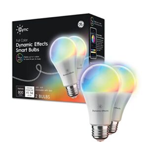 ge cync dynamic effects smart led light bulbs, color changing, bluetooth and wi-fi, works with alexa and google home, a19 bulbs (2 pack)