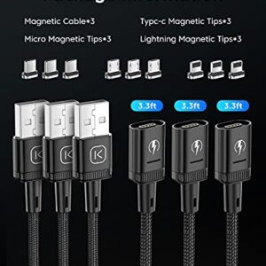 Kuulaa 3Pack Magnetic Charging Cable USB C,3A Fast Charging/Data Transmission with 3 in 1 Charging Tips Nylon-Braided Phone Cable Compatible for iProduct/Type C/Micro Device(3.3ft/3.3ft/3.3ft)