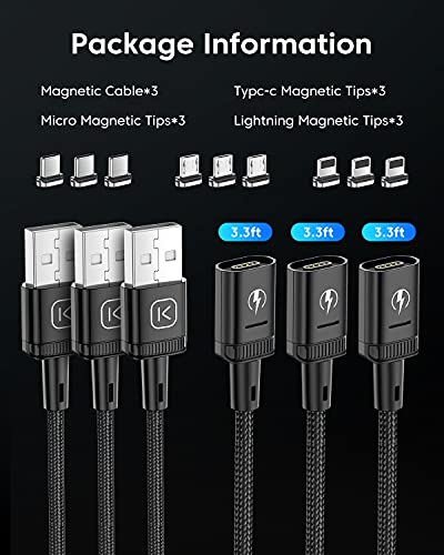 Kuulaa 3Pack Magnetic Charging Cable USB C,3A Fast Charging/Data Transmission with 3 in 1 Charging Tips Nylon-Braided Phone Cable Compatible for iProduct/Type C/Micro Device(3.3ft/3.3ft/3.3ft)