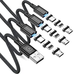 Kuulaa 3Pack Magnetic Charging Cable USB C,3A Fast Charging/Data Transmission with 3 in 1 Charging Tips Nylon-Braided Phone Cable Compatible for iProduct/Type C/Micro Device(3.3ft/3.3ft/3.3ft)