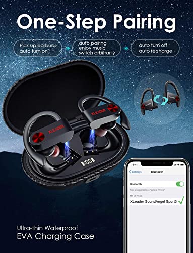 XLeader SoundAngel Sport3 Pro - Bluetooth 5.1 Sports Earbuds IPX7 Waterproof Wireless Running Headphones in Ear with LED Display Charging Case TWS Earphones with Micphones for Workout Fittness Gym Red