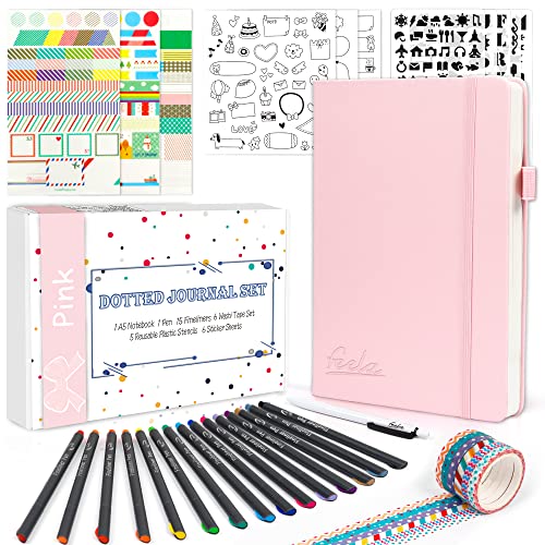 Dotted Journal Kit, Feela Dot Grid Journal Hardcover Planner Notebook Set For Beginners Women Girls Note Taking with Journaling Supplies Stencils Stickers Pens Accessories, A5, 224 Pages, Pink