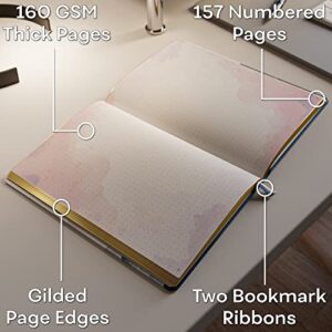 A5 Dot Grid Notebook 160GSM with Unique Watercolor Backgrounds on Every Page, 157 Numbered Pages, Key and Contents Included, Hardcover Thick Journal, Lay-Flat Design, 8.25 x 5.75 inches