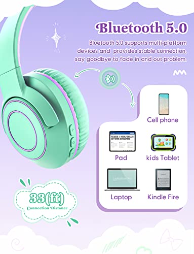 FIUPIA Kids Bluetooth Headphones with Microphone, Volume Limit 85/94dB, On-Ear Kids Headphone for Girls Boys Stereo Sound, Foldable Kids Wireless Headphones for School/Travel/iPad/Fire Tablet-Green