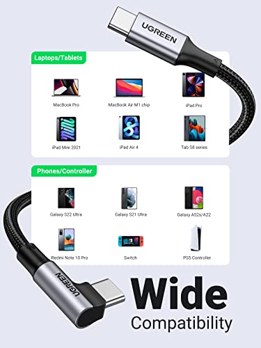 UGREEN 100W USB C Cable 90 Degree Type C Charging Cable Compatible with MacBook Pro 2022, iPad Pro 2022, Elitebook, Dell XPS, Samsung Galaxy S23/S22/Z Fold, Pixel, PS5, Switch, etc. 10FT