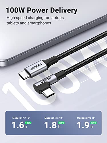 UGREEN 100W USB C Cable 90 Degree Type C Charging Cable Compatible with MacBook Pro 2022, iPad Pro 2022, Elitebook, Dell XPS, Samsung Galaxy S23/S22/Z Fold, Pixel, PS5, Switch, etc. 10FT