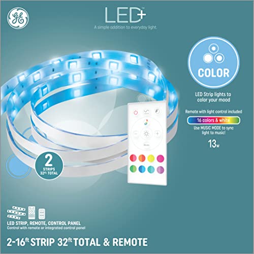 GE LED+ Color Changing LED Light Strip with Remote, Music Syncing Strip Light, 32 Foot