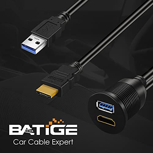 BATIGE USB 3.0 & HDMI to HDMI + USB3.0 AUX Extension Dash Panel Waterproof Car Flush Mount Cable for Car Boat and Motorcycle - 3ft