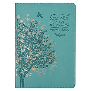 christian art gifts classic journal be still and know psalm 46:10 floral inspirational scripture notebook, ribbon marker, teal/gold faux leather flexcover, 336 ruled pages