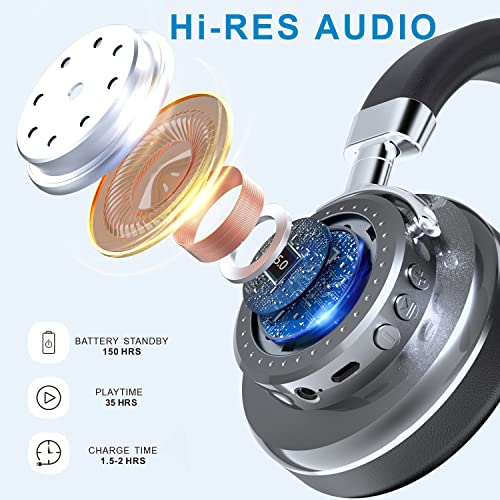 Wireless Headphones with Built-in Mic for Call, Bluetooth Over Ear Headphone with 35H Playtime, Foldable, Rechargeable, Active Noise Cancelling, HI-FI Stereo Wired Headset for Phone PC Computer Laptop