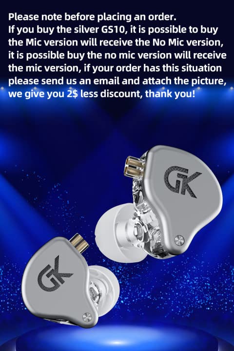 GK GS10 in-Ear Earphones Wired, HiFi Audio Monitors Professional Stereo Deep Bass Noise Isolating Sport IEM Earbuds with Detachable Cables(Silver,No Mic)