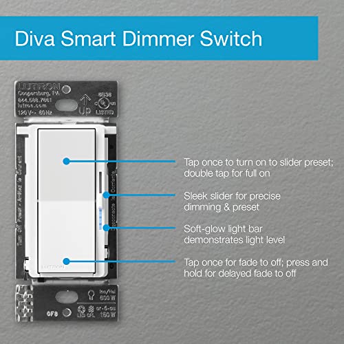 Lutron Diva Smart Dimmer Switch with Wallplate for Caséta Smart Lighting | No Neutral Wire Required | DVRFW-6L-WH-A | White 