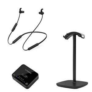 avantree ht4186 & hs910, bundle – wireless earbuds for tv watching with bluetooth transmitter, no audio delay, plug n play & neckband headphone holder stand on desk