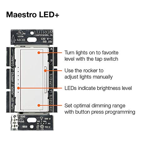 Lutron Maestro LED+ Dimmer for Dimmable LED, Halogen and Incandesent Bulbs | Single-Pole or Multi-Location | MACL-153M-WH | White