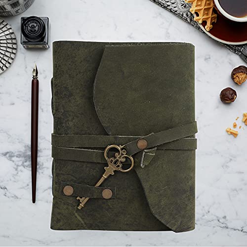 TUZECH Vintage Leather Journal Writing Notebook Handmade Leather Bound journal with deckle edge paper For Men And Women Gift For Art Sketchbook, Travel Diary And Notebooks To Write (Green)