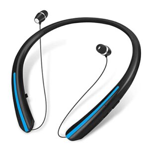 bluetooth headphones retractable, wireless neckband headset with sweatproof stereo earbuds cvc 8.0 noise cancelling call vibrate alert earphones (blue)