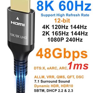 10k 8k 4k HDMI 2.1 Cable 1.5 FT, Certified 48Gbps 1ms Ultra High Speed HDMI Cable 4k 120Hz 144Hz 10k 8k 60Hz 12bit DTS:X Dolby Atmos HDR10+ ARC eARC Compatible for Gaming PC Soundbar RTX3080 PS5 Xbox