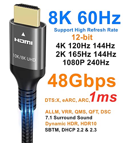 10k 8k 4k HDMI 2.1 Cable 1.5 FT, Certified 48Gbps 1ms Ultra High Speed HDMI Cable 4k 120Hz 144Hz 10k 8k 60Hz 12bit DTS:X Dolby Atmos HDR10+ ARC eARC Compatible for Gaming PC Soundbar RTX3080 PS5 Xbox