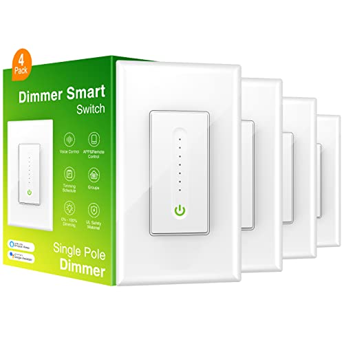 GHome Smart Dimmer Switch Work with Alexa Google Home, Single Pole 2.4GHz Wi-Fi Switch for Dimmable LED CFL INC Light Bulbs, Neutral Wire Required, UL Certified, No Hub Required, 4Pack