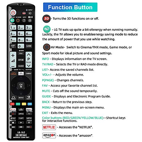 Gvirtue Universal Remote Control LG-1LC Compatible Replacement for LG TV/ 3DTV/ HD/Smart/LCD/LED/Netflix/Amazon AKB74915304 AKB74475401 AKB72915239 AKB72915238