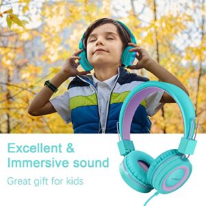 LORELEI X2 On-Ear Kids Headphones with Microphone, Lightweight Folding Stereo Bass Headphones with 1.5m Cord, Portable Wired Headphones for School Trip Airplane(Mint)