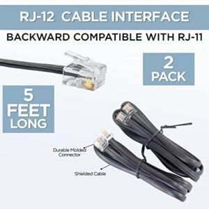 [2 Pack] 5 Feet RJ11 / RJ12 Data Cable - Heavy Duty 6-Pins High-Speed Extension for Cash Register Drawer, Telephone, Modem, Fax, Printers, and More - Drawer Cable for Voice and Data