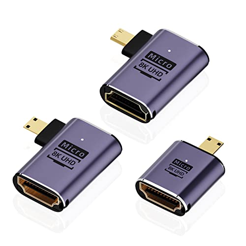 AreMe 8K Micro HDMI to HDMI Adapter (3 Pack), 90 Degree Left and Right Angle Micro HDMI Male to HDMI Female Cable for Sony A6000, Raspberry Pi 4, GoPro Hero 7 and Other Sport Camera