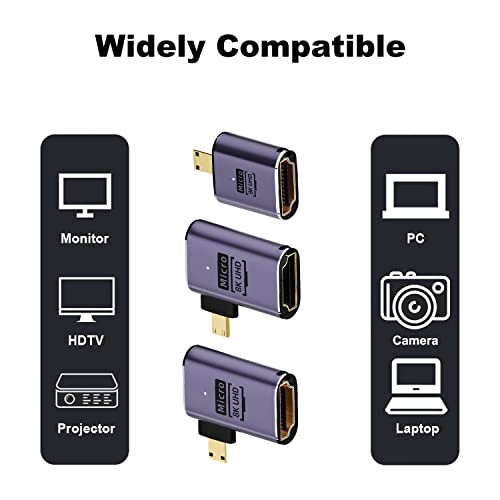 AreMe 8K Micro HDMI to HDMI Adapter (3 Pack), 90 Degree Left and Right Angle Micro HDMI Male to HDMI Female Cable for Sony A6000, Raspberry Pi 4, GoPro Hero 7 and Other Sport Camera