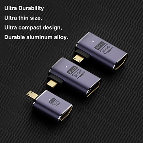 AreMe 8K Micro HDMI to HDMI Adapter (3 Pack), 90 Degree Left and Right Angle Micro HDMI Male to HDMI Female Cable for Sony A6000, Raspberry Pi 4, GoPro Hero 7 and Other Sport Camera