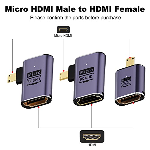 AreMe 8K Micro HDMI to HDMI Adapter (3 Pack), 90 Degree Left and Right Angle Micro HDMI Male to HDMI Female Cable for Sony A6000, Raspberry Pi 4, GoPro Hero 7 and Other Sport Camera