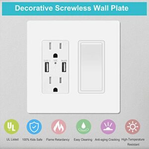 4 Pack Screwless Decorator Wall Plate for Electric Outlets, GFCI, Dimmers, Switches, 2-Gang Unbreakable Child Safe Cover Plate, White