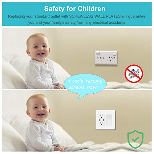 4 Pack Screwless Decorator Wall Plate for Electric Outlets, GFCI, Dimmers, Switches, 2-Gang Unbreakable Child Safe Cover Plate, White