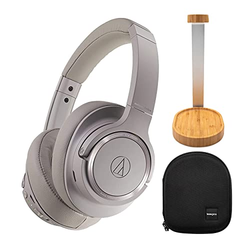 Audio-Technica ATH-SR50BT Bluetooth Wireless Over-Ear Headphones (Brown-Gray) with Knox Gear Stand and Protective Case Bundle (3 Items)