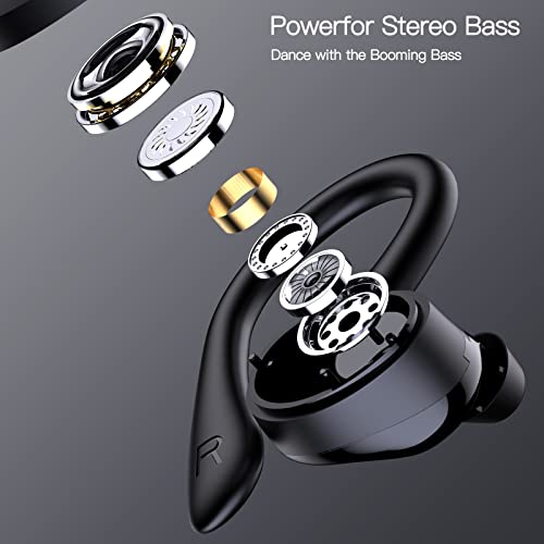 Wireless Earbuds Bluetooth Headphones 60H Playtime Ear Buds Bluetooth Earphones in-Ear Noise Cancelling Earbud with Mic, IPX7 Waterproof Ear Buds with Earhooks for Sports Laptop Gaming Blk