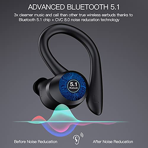 Wireless Earbuds Bluetooth Headphones 60H Playtime Ear Buds Bluetooth Earphones in-Ear Noise Cancelling Earbud with Mic, IPX7 Waterproof Ear Buds with Earhooks for Sports Laptop Gaming Blk