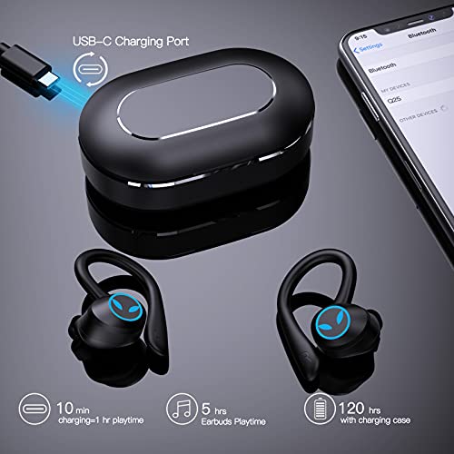 Wireless Earbuds Bluetooth Headphones 60H Playtime Ear Buds Bluetooth Earphones in-Ear Noise Cancelling Earbud with Mic, IPX7 Waterproof Ear Buds with Earhooks for Sports Laptop Gaming Blk